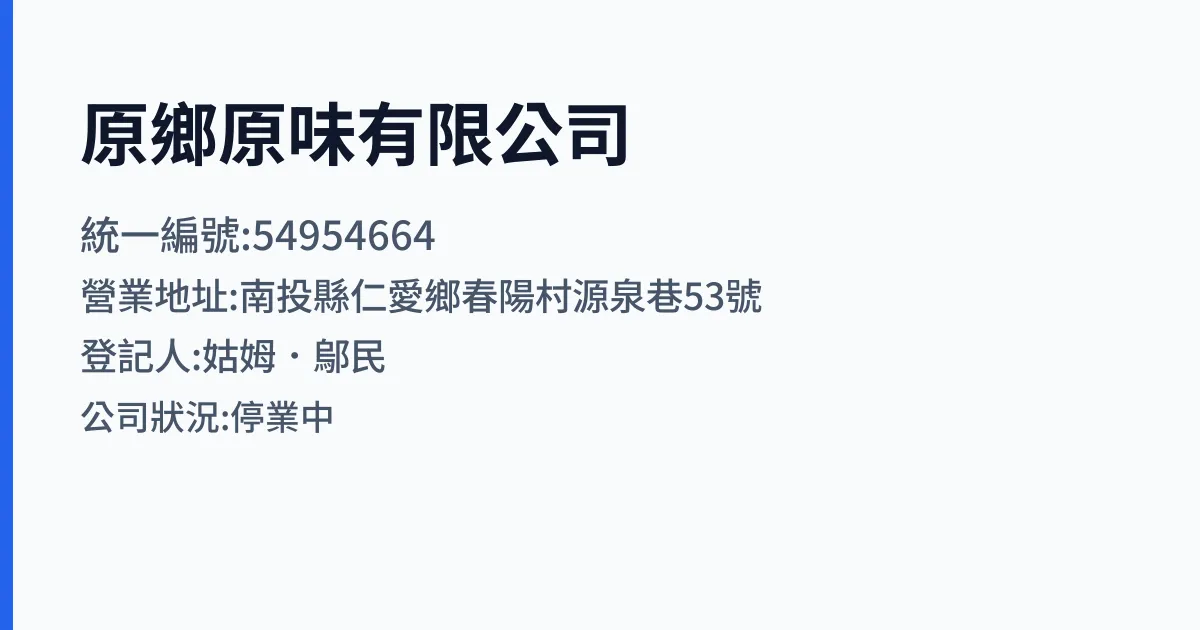 原鄉原味有限公司 - 統編 54954664(南投縣) 公司登記資料與營業項目詳細圖表
