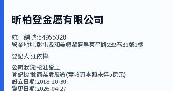 昕柏登金屬有限公司的照片-統編 54955328(彰化縣) 公司登記資料與營業項目詳細圖表