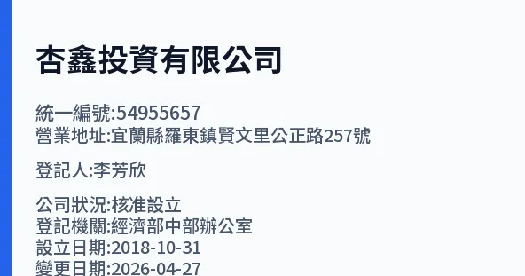 杏鑫投資有限公司的照片-統編 54955657(宜蘭縣) 公司登記資料與營業項目詳細圖表