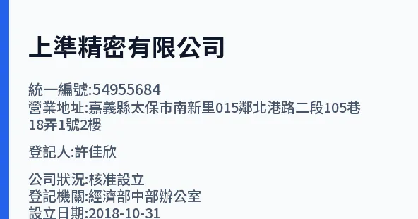 上準精密有限公司的照片-統編 54955684(嘉義縣) 公司登記資料與營業項目詳細圖表