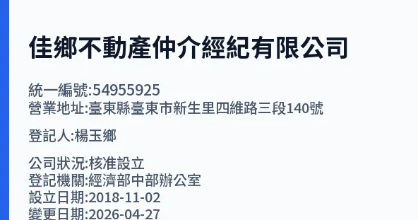 佳鄉不動產仲介經紀有限公司的照片-統編 54955925(臺東縣) 公司登記資料與營業項目詳細圖表
