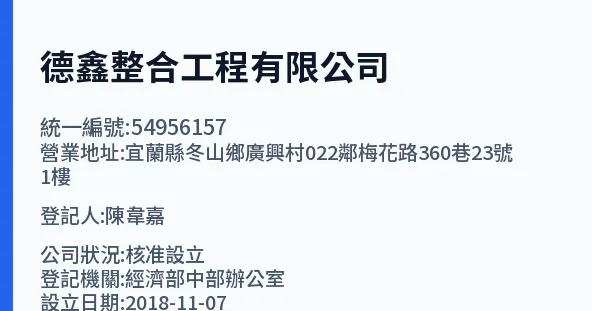 德鑫整合工程有限公司的照片-統編 54956157(宜蘭縣) 公司登記資料與營業項目詳細圖表
