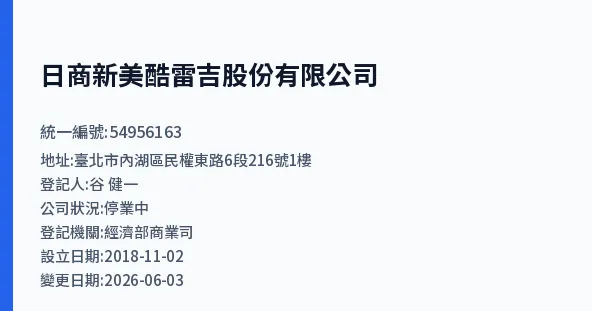 日商新美酷雷吉股份有限公司的照片-統編 54956163(臺北市) 公司登記資料與營業項目詳細圖表