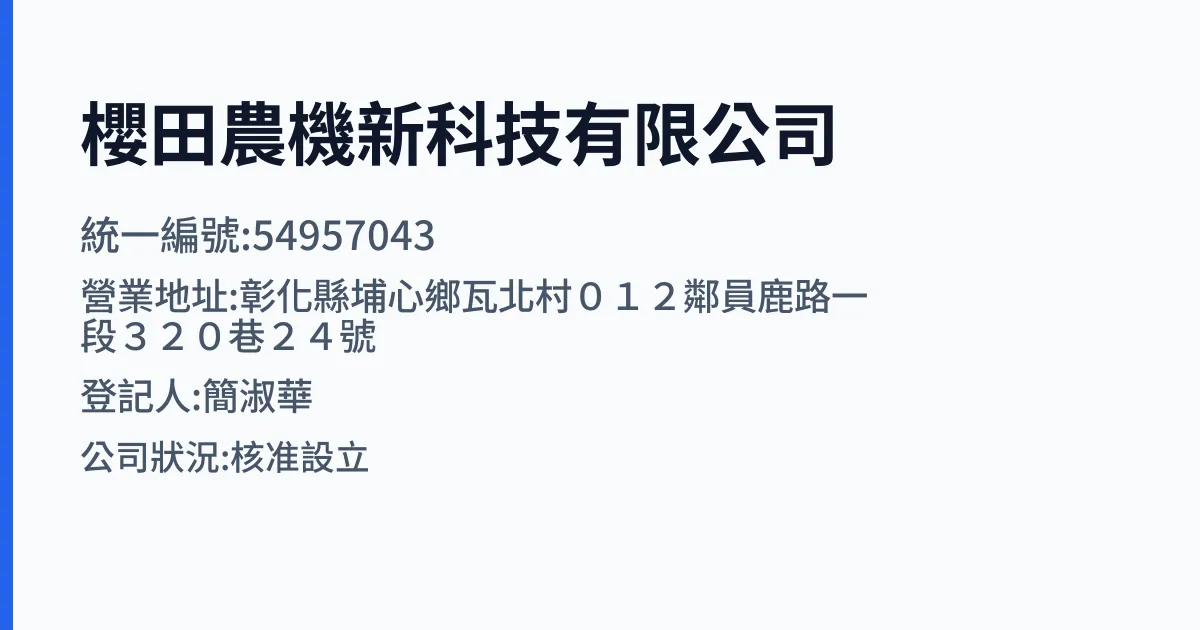 櫻田農機新科技有限公司 - 統編 54957043(彰化縣) 公司登記資料與營業項目詳細圖表