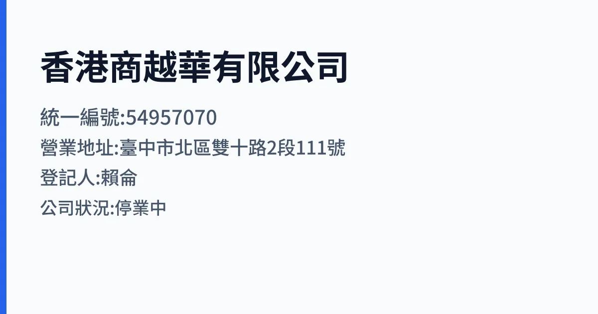 香港商越華有限公司 - 統編 54957070(臺中市) 公司登記資料與營業項目詳細圖表