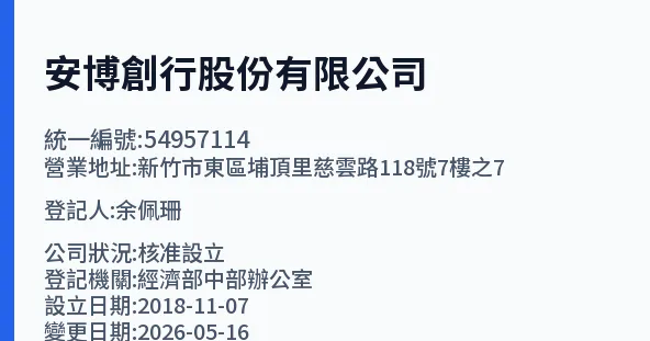 安博創行股份有限公司的照片-統編 54957114(新竹市) 公司登記資料與營業項目詳細圖表