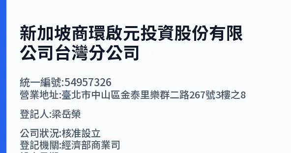 新加坡商環啟元投資股份有限公司台灣分公司的照片-統編 54957326(臺北市) 公司登記資料與營業項目詳細圖表