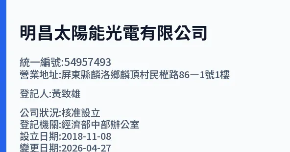 明昌太陽能光電有限公司的照片-統編 54957493(屏東縣) 公司登記資料與營業項目詳細圖表