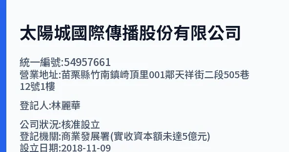 太陽城國際傳播股份有限公司的照片-統編 54957661(苗栗縣) 公司登記資料與營業項目詳細圖表