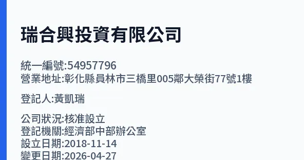 瑞合興投資有限公司的照片-統編 54957796(彰化縣) 公司登記資料與營業項目詳細圖表