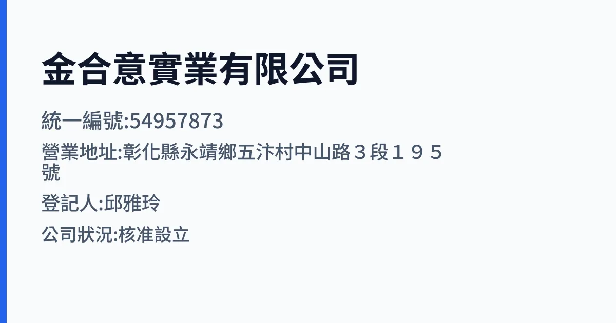 金合意實業有限公司 - 統編 54957873(彰化縣) 公司登記資料與營業項目詳細圖表