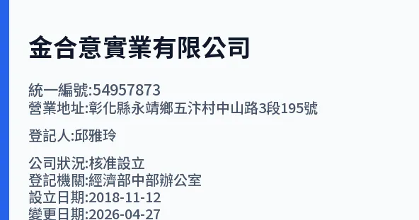 金合意實業有限公司的照片-統編 54957873(彰化縣) 公司登記資料與營業項目詳細圖表