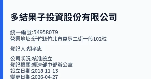 多結果子投資股份有限公司的照片-統編 54958079(新竹縣) 公司登記資料與營業項目詳細圖表