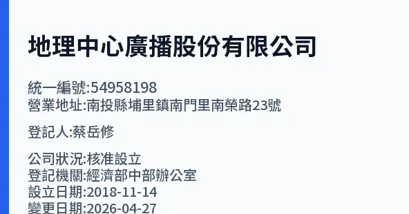 地理中心廣播股份有限公司的照片-統編 54958198(南投縣) 公司登記資料與營業項目詳細圖表