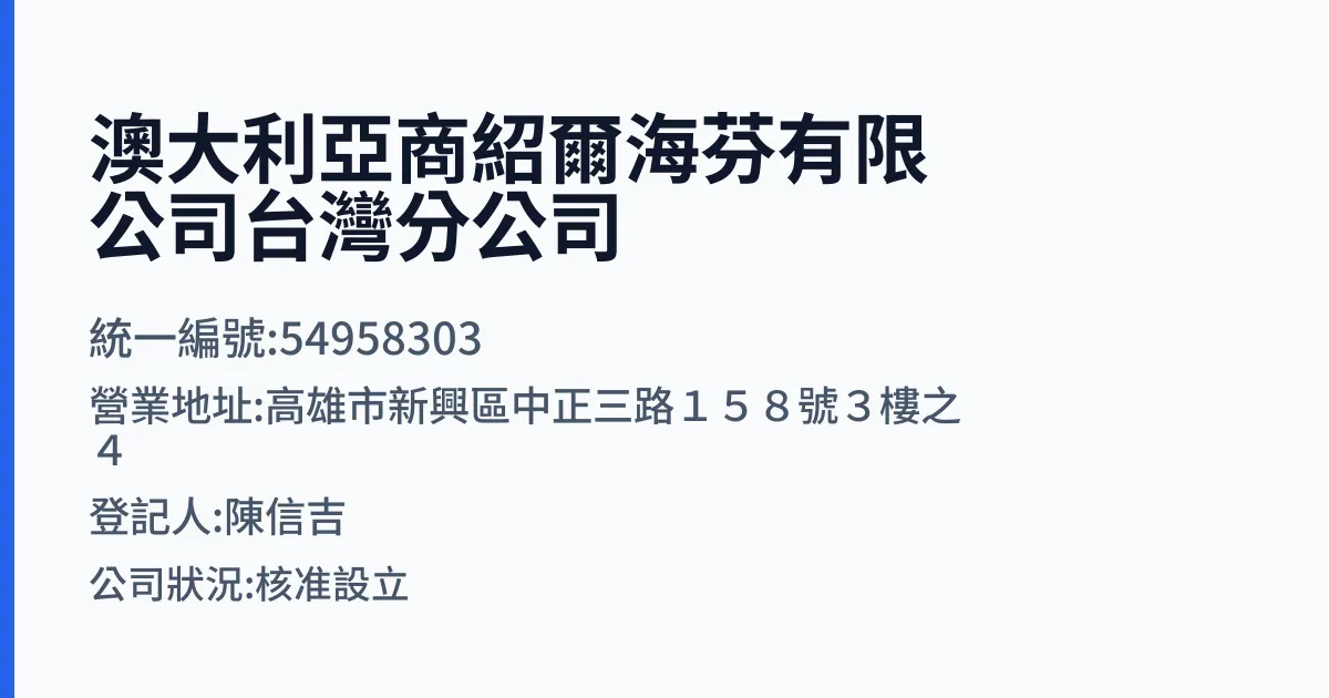 澳大利亞商紹爾海芬有限公司台灣分公司 - 統編 54958303(高雄市) 公司登記資料與營業項目詳細圖表