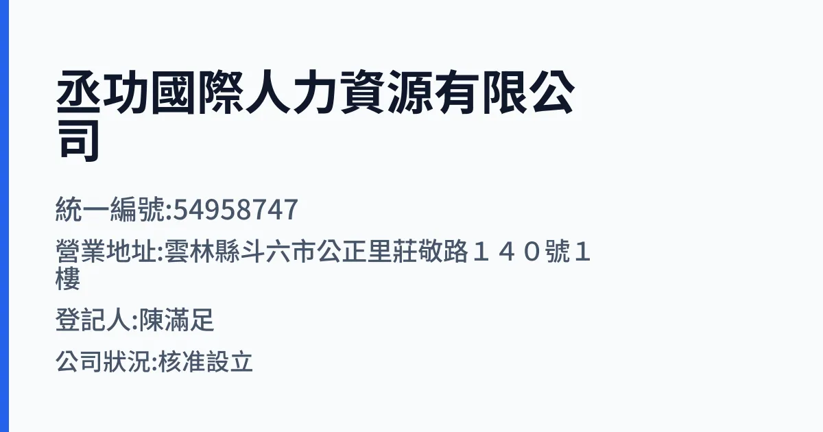 丞功國際人力資源有限公司 - 統編 54958747(雲林縣) 公司登記資料與營業項目詳細圖表