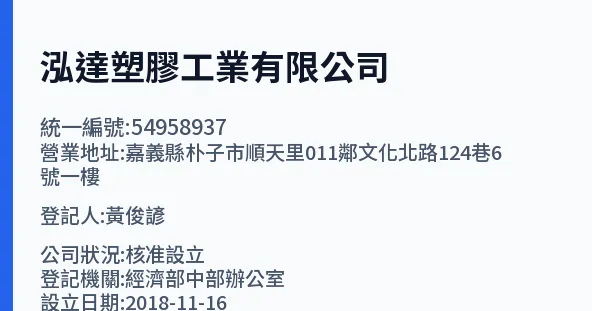 泓達塑膠工業有限公司的照片-統編 54958937(嘉義縣) 公司登記資料與營業項目詳細圖表