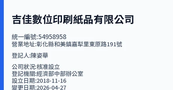 吉佳數位印刷紙品有限公司的照片-統編 54958958(彰化縣) 公司登記資料與營業項目詳細圖表
