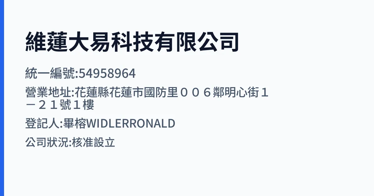 維蓮大易科技有限公司 - 統編 54958964(花蓮縣) 公司登記資料與營業項目詳細圖表