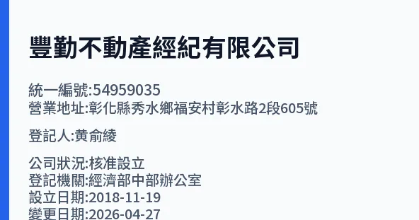 豐勤不動產經紀有限公司的照片-統編 54959035(彰化縣) 公司登記資料與營業項目詳細圖表