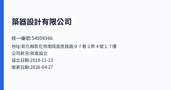 築器設計有限公司的照片-統編 54959366(彰化縣) 公司登記資料與營業項目詳細圖表