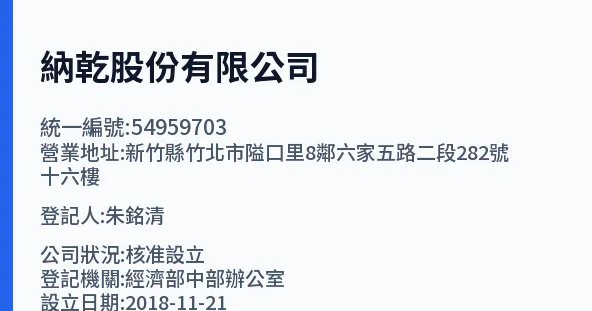 納乾股份有限公司的照片-統編 54959703(新竹縣) 公司登記資料與營業項目詳細圖表