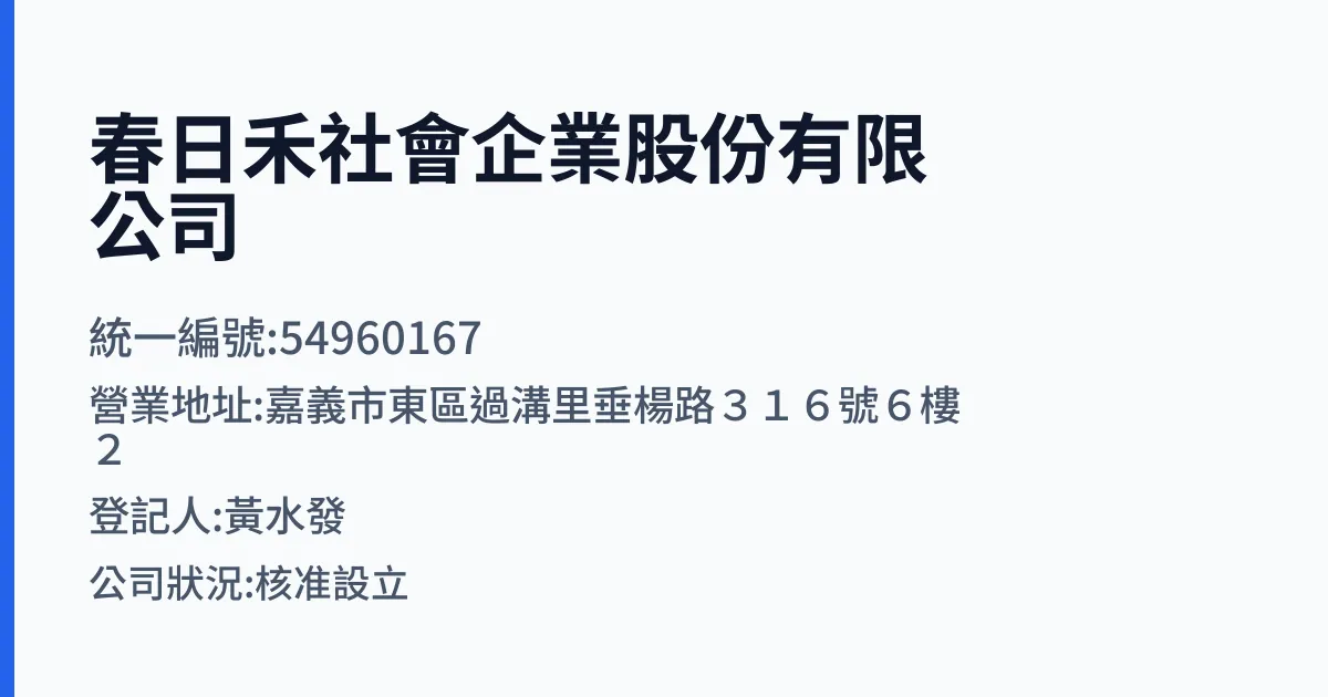 春日禾社會企業股份有限公司 - 統編 54960167(嘉義市) 公司登記資料與營業項目詳細圖表