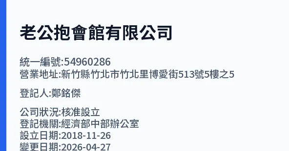 老公抱會館有限公司的照片-統編 54960286(新竹縣) 公司登記資料與營業項目詳細圖表