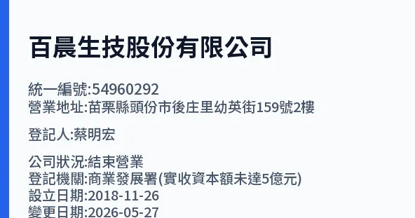 百晨生技股份有限公司的照片-統編 54960292(苗栗縣) 公司登記資料與營業項目詳細圖表
