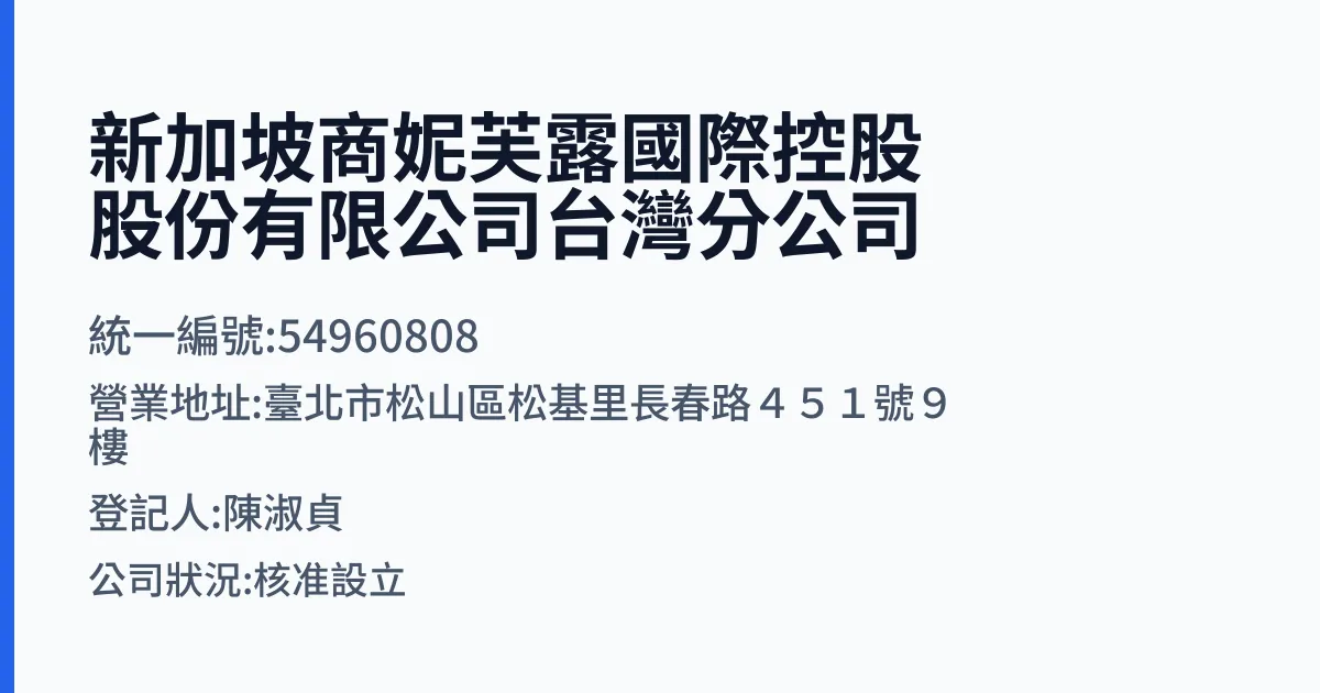 新加坡商妮芙露國際控股股份有限公司台灣分公司 - 統編 54960808(臺北市) 公司登記資料與營業項目詳細圖表