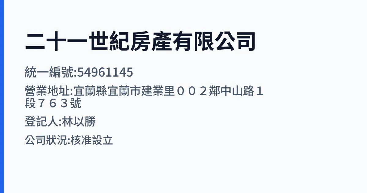 二十一世紀房產有限公司 - 統編 54961145(宜蘭縣) 公司登記資料與營業項目詳細圖表