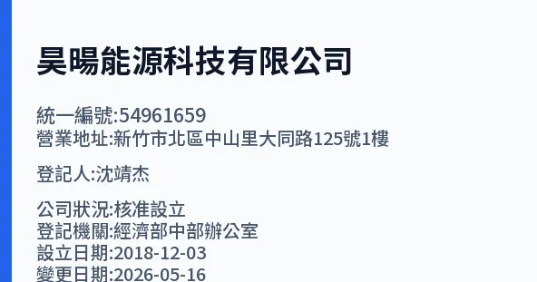 昊暘能源科技有限公司的照片-統編 54961659(新竹市) 公司登記資料與營業項目詳細圖表