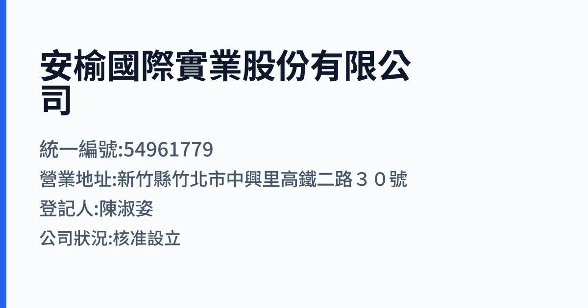 安榆國際實業股份有限公司 - 統編 54961779(新竹縣) 公司登記資料與營業項目詳細圖表