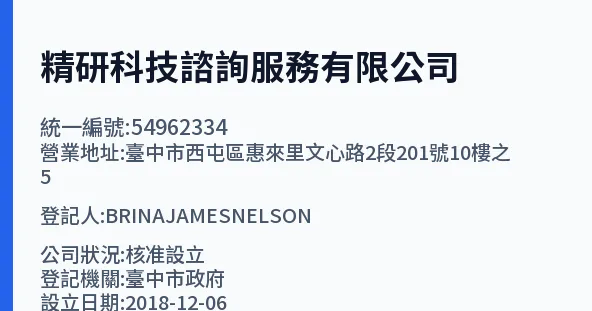 精研科技諮詢服務有限公司的照片-統編 54962334(臺中市) 公司登記資料與營業項目詳細圖表