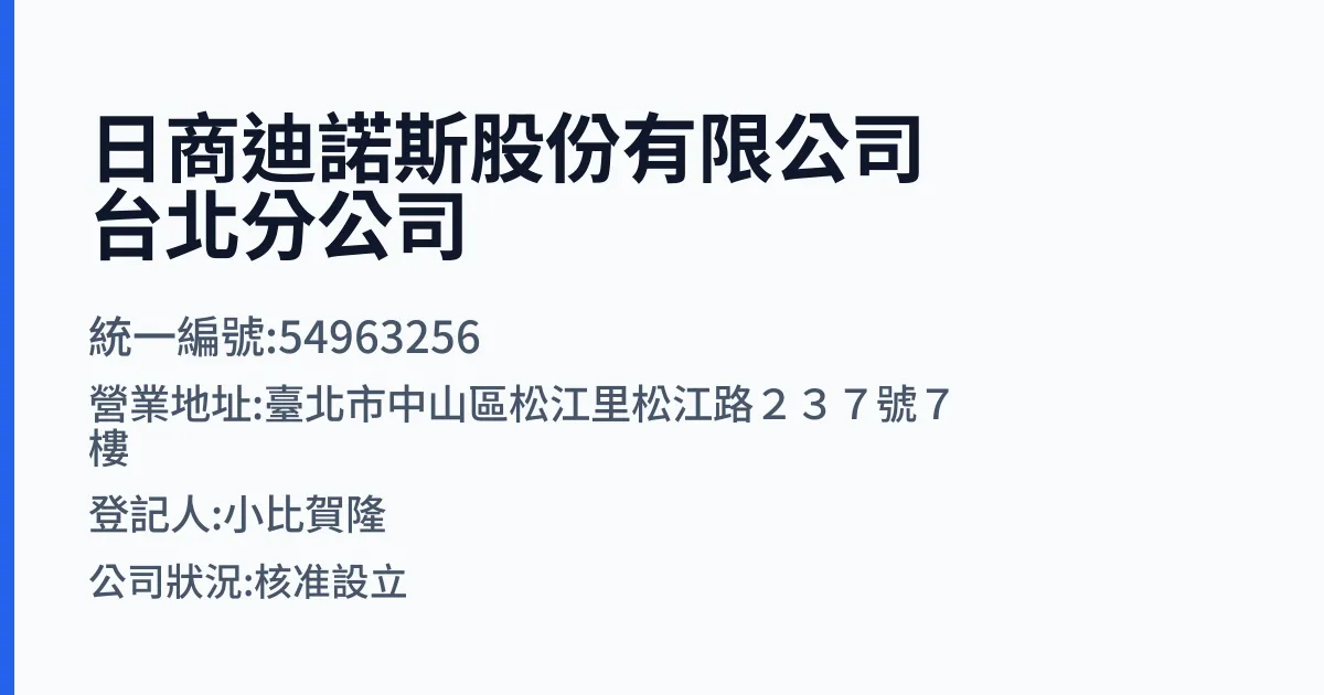 日商迪諾斯股份有限公司台北分公司 - 統編 54963256(臺北市) 公司登記資料與營業項目詳細圖表