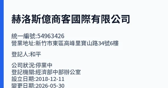 赫洛斯億商客國際有限公司的照片-統編 54963426(新竹市) 公司登記資料與營業項目詳細圖表