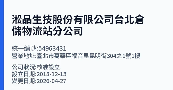 淞品生技股份有限公司台北倉儲物流站分公司的照片-統編 54963431(臺北市) 公司登記資料與營業項目詳細圖表