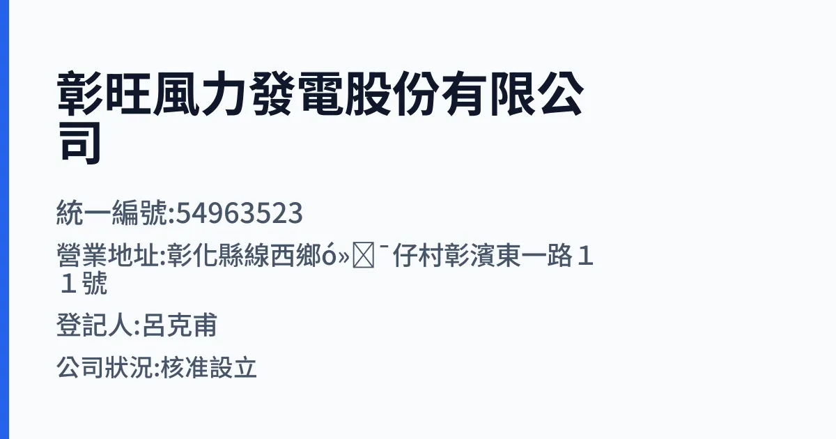 彰旺風力發電股份有限公司 - 統編 54963523(彰化縣) 公司登記資料與營業項目詳細圖表
