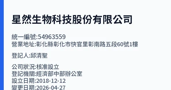 星然生物科技股份有限公司的照片-統編 54963559(彰化縣) 公司登記資料與營業項目詳細圖表