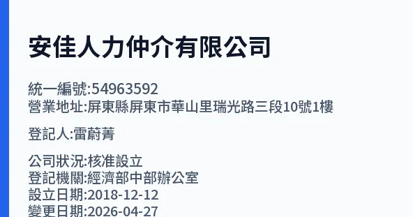 安佳人力仲介有限公司的照片-統編 54963592(屏東縣) 公司登記資料與營業項目詳細圖表