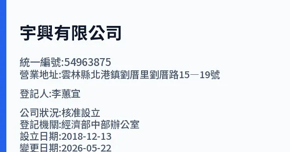宇興有限公司的照片-統編 54963875(雲林縣) 公司登記資料與營業項目詳細圖表