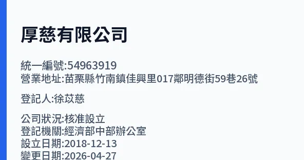 厚慈有限公司的照片-統編 54963919(苗栗縣) 公司登記資料與營業項目詳細圖表
