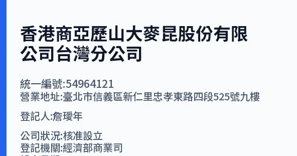 香港商亞歷山大麥昆股份有限公司台灣分公司的照片-統編 54964121(臺北市) 公司登記資料與營業項目詳細圖表