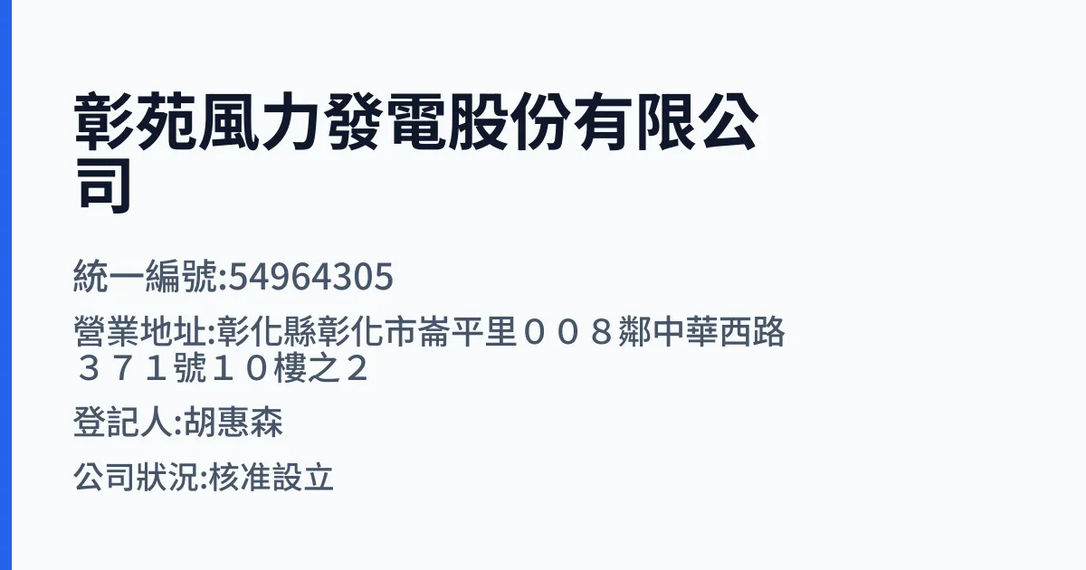 彰苑風力發電股份有限公司 - 統編 54964305(彰化縣) 公司登記資料與營業項目詳細圖表