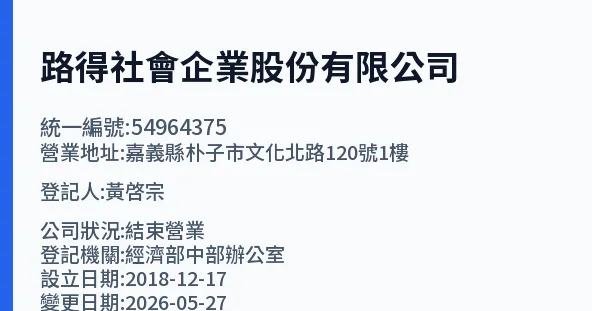 路得社會企業股份有限公司的照片-統編 54964375(嘉義縣) 公司登記資料與營業項目詳細圖表