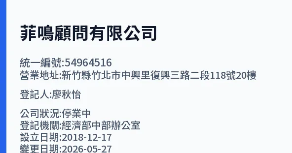 菲鳴顧問有限公司的照片-統編 54964516(新竹縣) 公司登記資料與營業項目詳細圖表