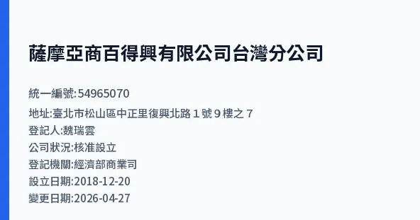 薩摩亞商百得興有限公司台灣分公司的照片-統編 54965070(臺北市) 公司登記資料與營業項目詳細圖表
