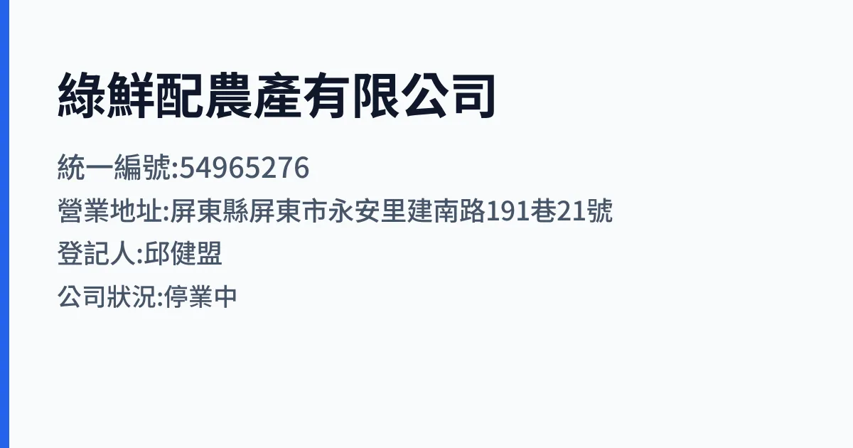 綠鮮配農產有限公司 - 統編 54965276(屏東縣) 公司登記資料與營業項目詳細圖表