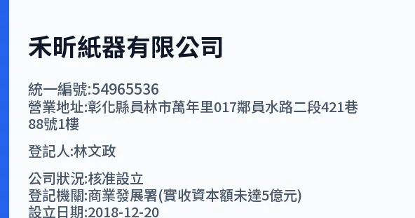 禾昕紙器有限公司的照片-統編 54965536(彰化縣) 公司登記資料與營業項目詳細圖表