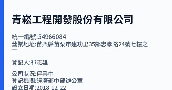 青崧工程開發股份有限公司的照片-統編 54966084(苗栗縣) 公司登記資料與營業項目詳細圖表